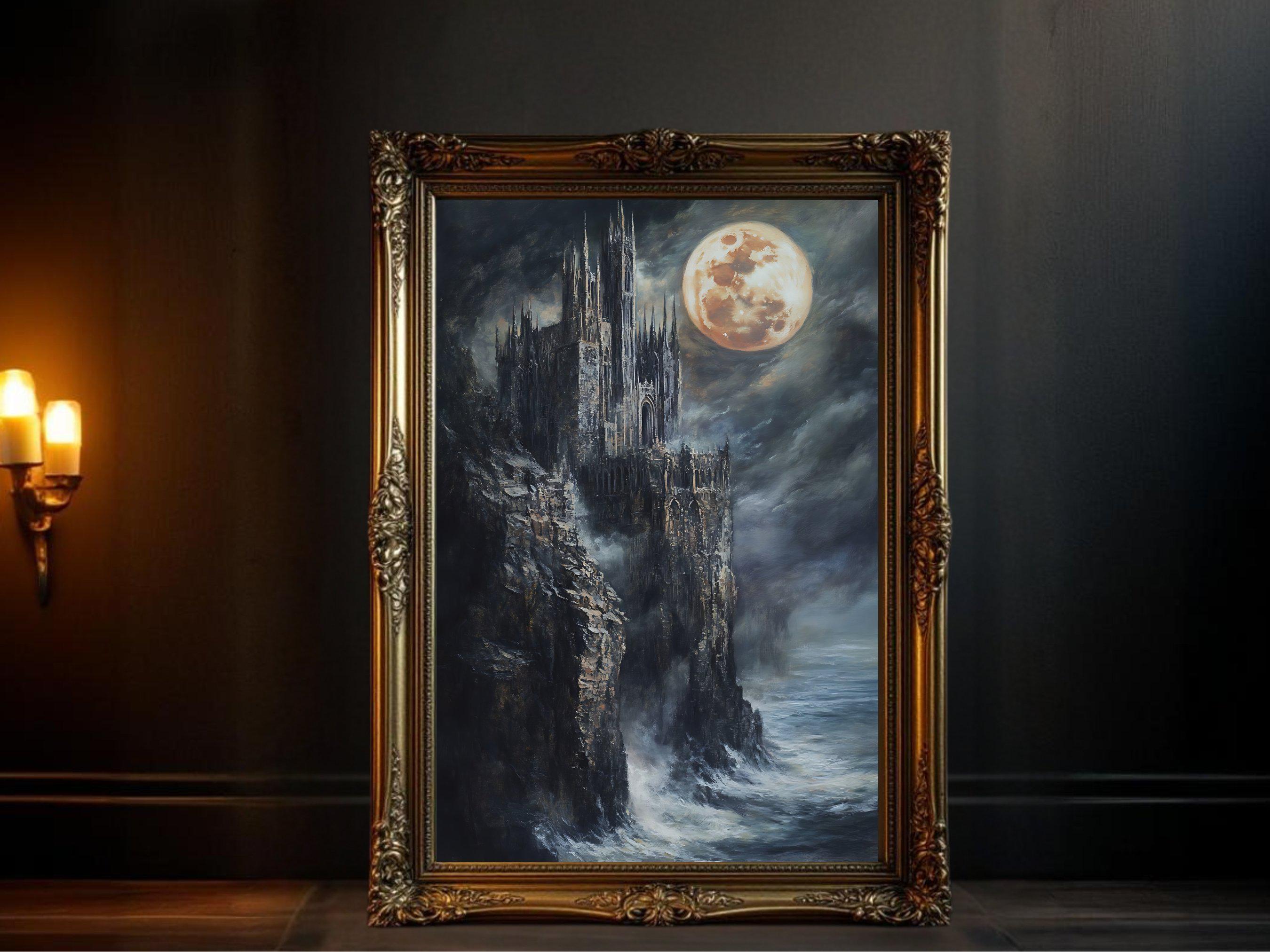 Dark Gothic Castle Wall Art, Full Moon Night Fantasy Landscape Poster ...