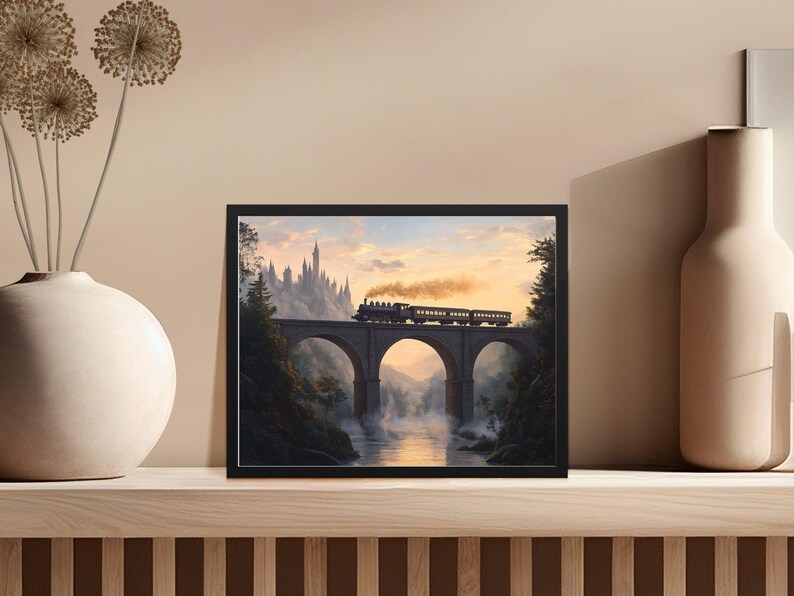 Vintage Train on Stone Bridge at Sunset, Castle Landscape Wall Art ...