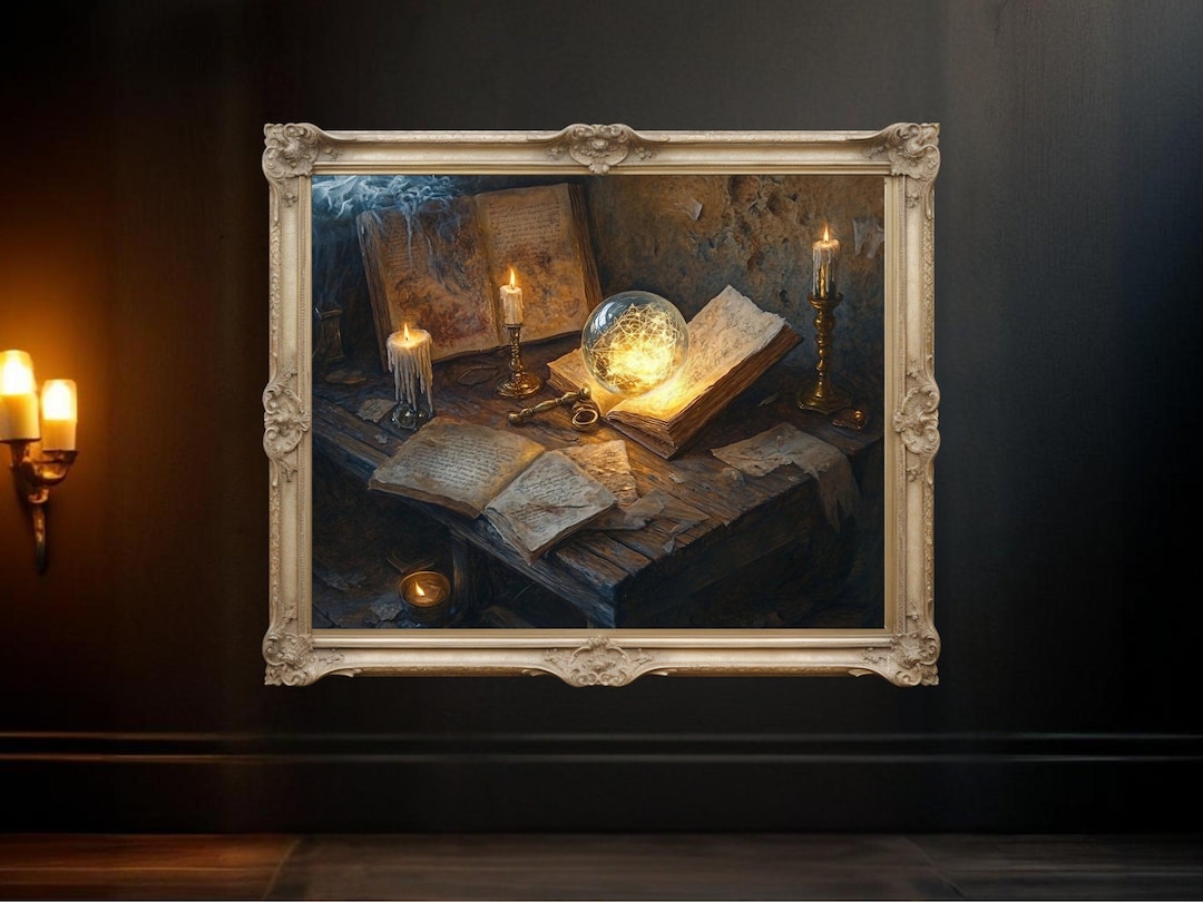Magical Enlightened Bookshelf, Antique Books and Candles Art Print ...