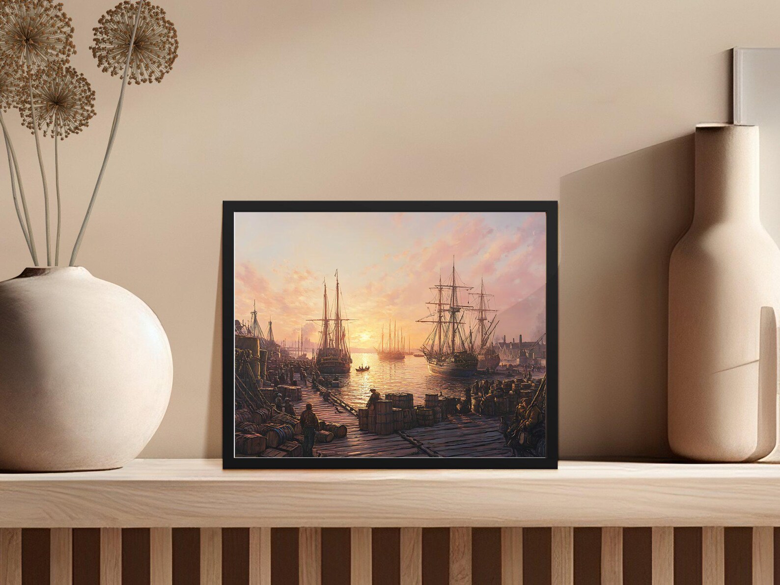 Vintage Port Harbor Ship Scene, Nautical Wall Art, Sunrise Harbor ...