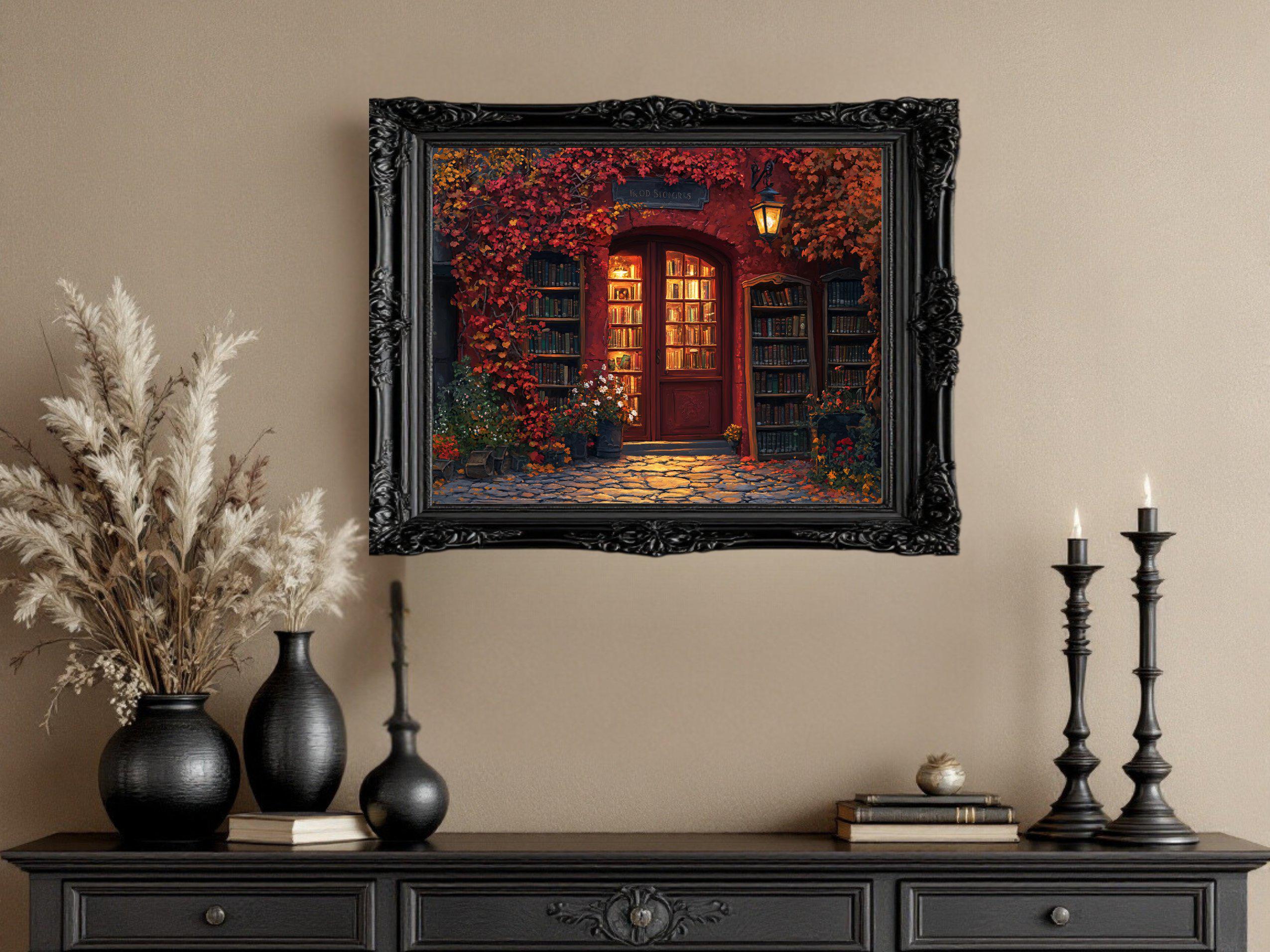 Cozy Bookstore Entrance Wall Art Print, Autumn Vine Covered Doorway ...