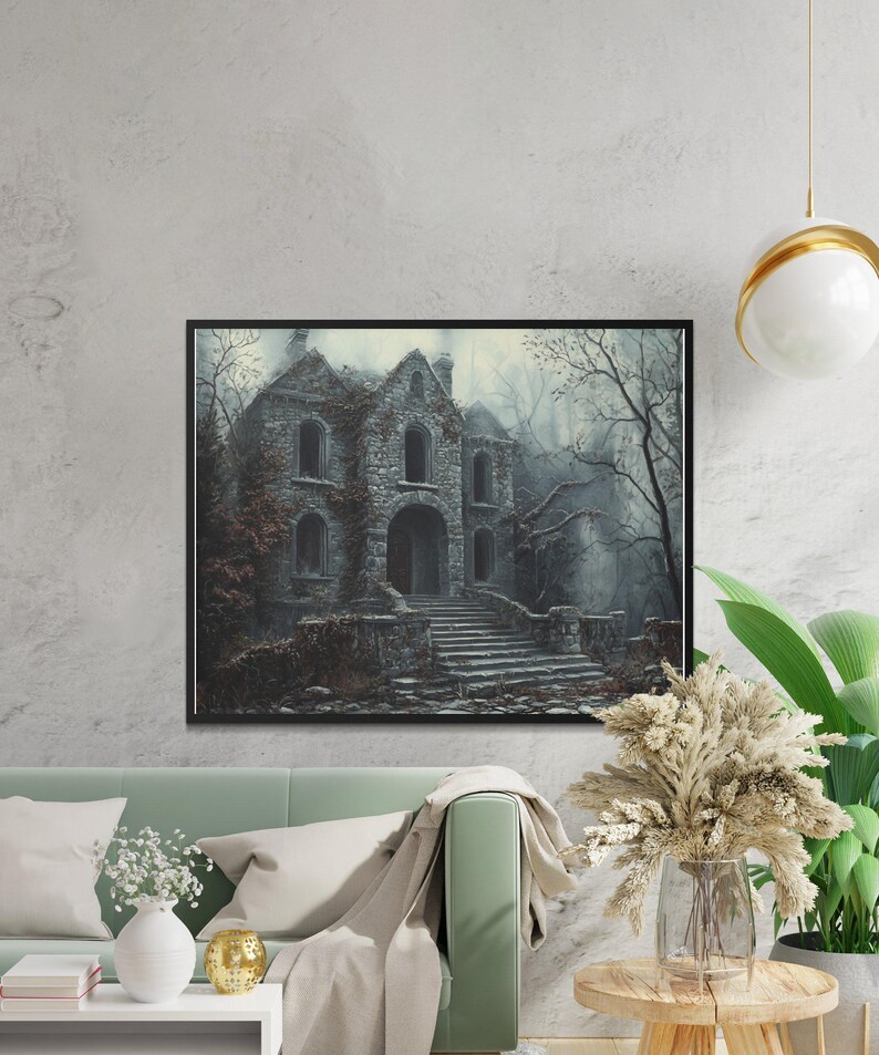 Haunted Mansion Gothic Wall Art, Spooky Forest House Print, Halloween ...