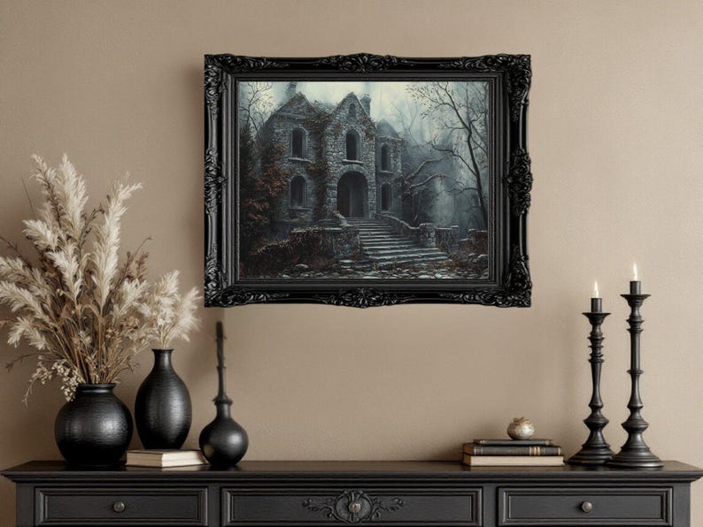 Haunted Mansion Gothic Wall Art, Spooky Forest House Print, Halloween ...