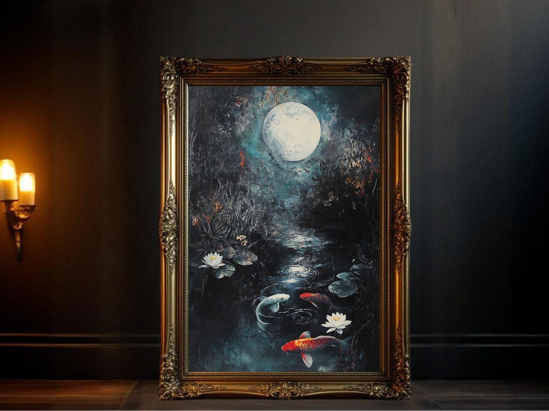 Koi Fish Moonlight Wall Art, Koi Pond Night Scene Print, Oriental Water ...