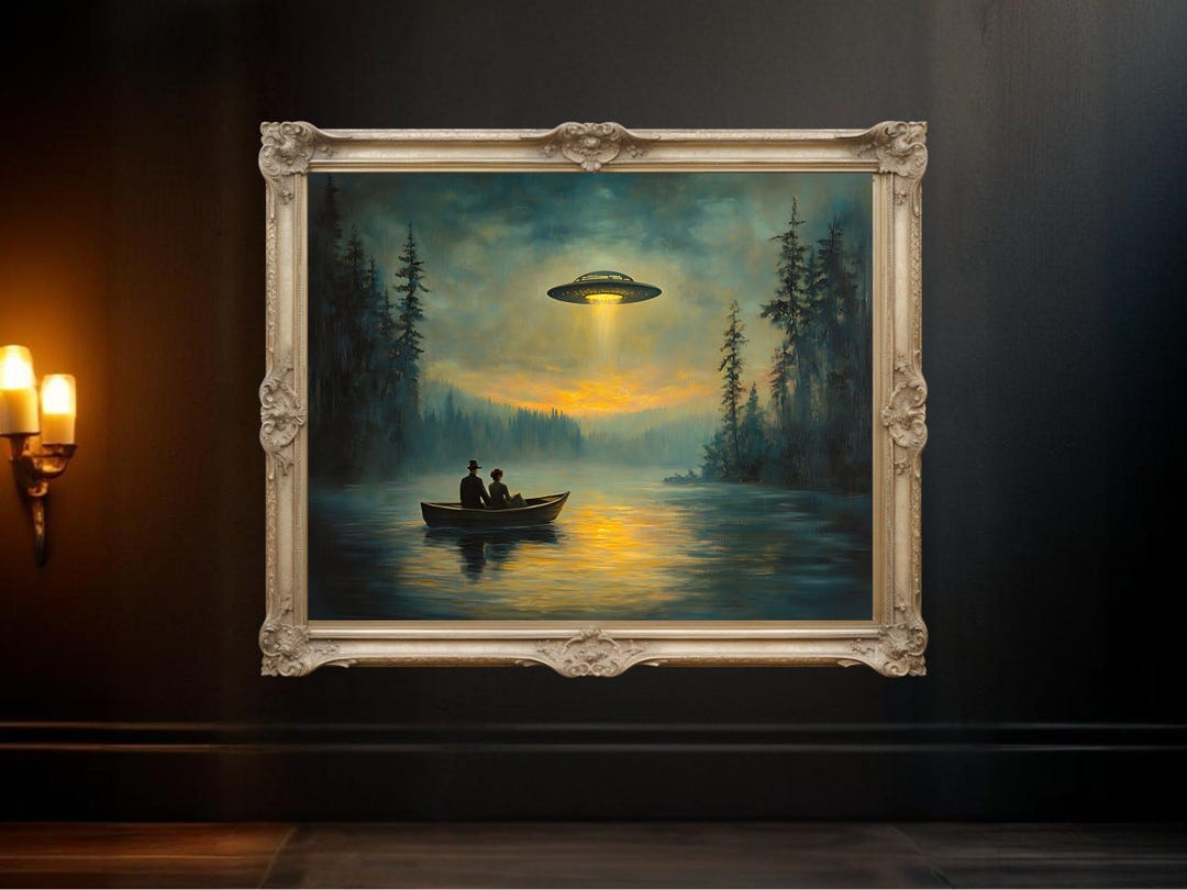 UFO Alien Abduction Art Print, Mysterious Forest Lake Wall Decor, Sci ...