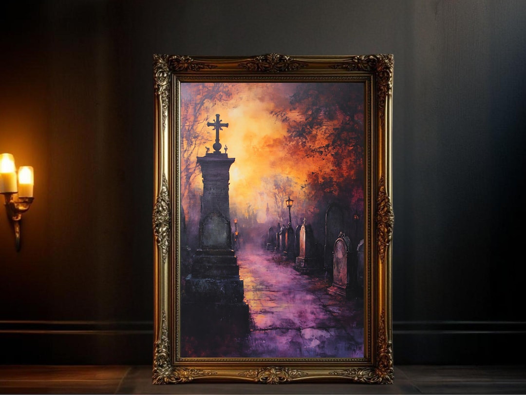 Gothic Cemetery Wall Art, Sunset Graveyard Painting, Haunting Beautiful ...