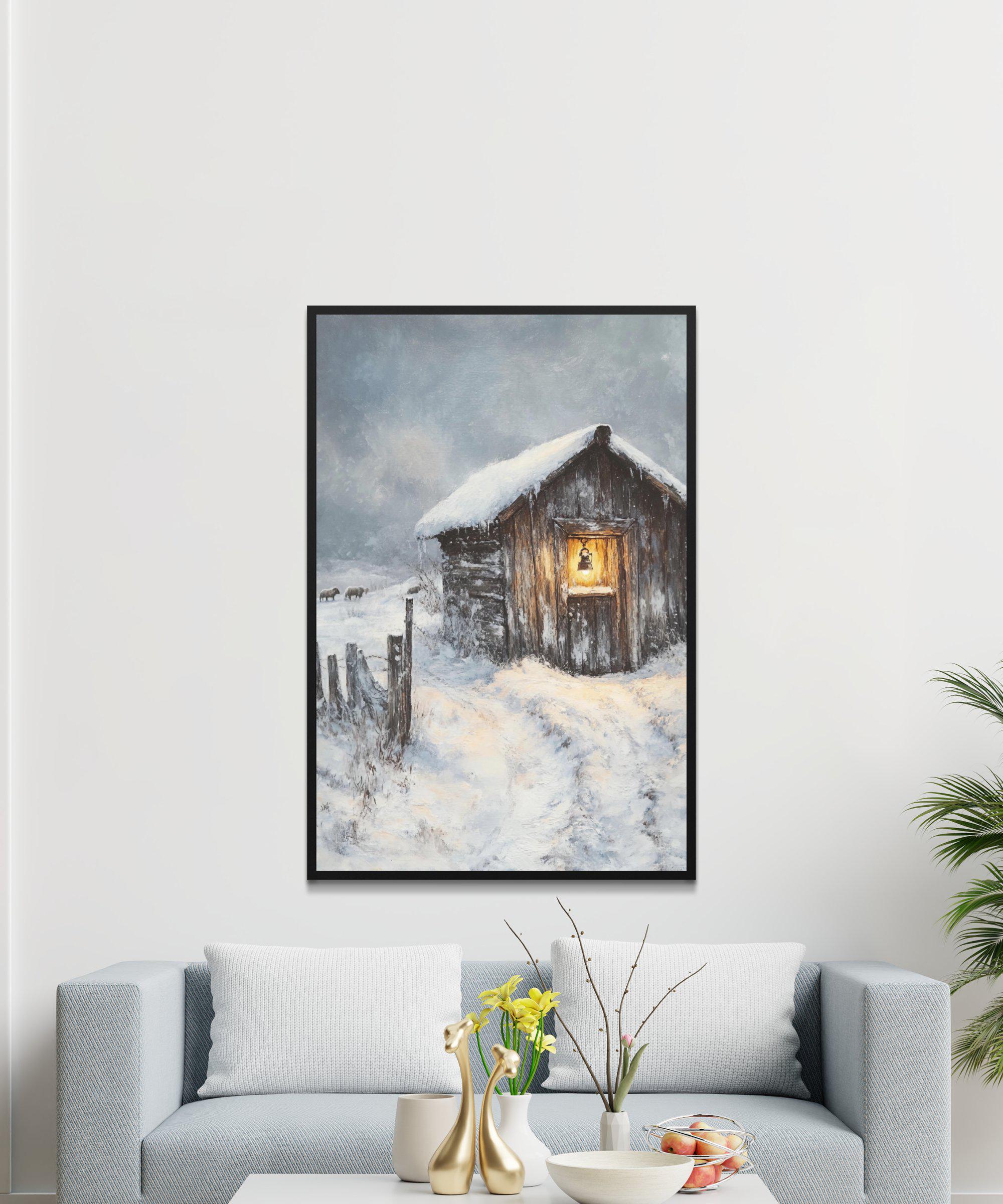 Winter Snow Scene Wall Art, Rustic Cabin Painting, Farmhouse Decor ...