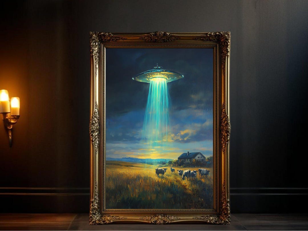 UFO in Field Wall Art, Alien Abduction Painting, Sci-fi Landscape ...