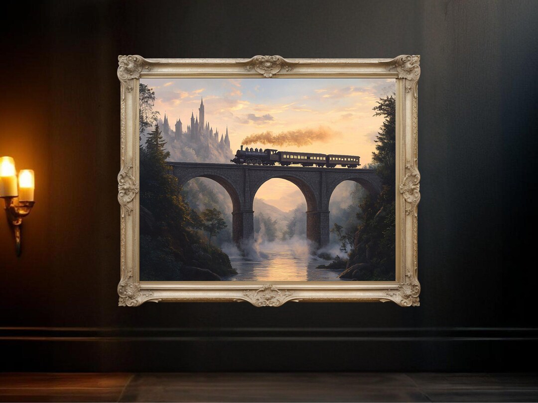 Vintage Train on Stone Bridge at Sunset, Castle Landscape Wall Art ...