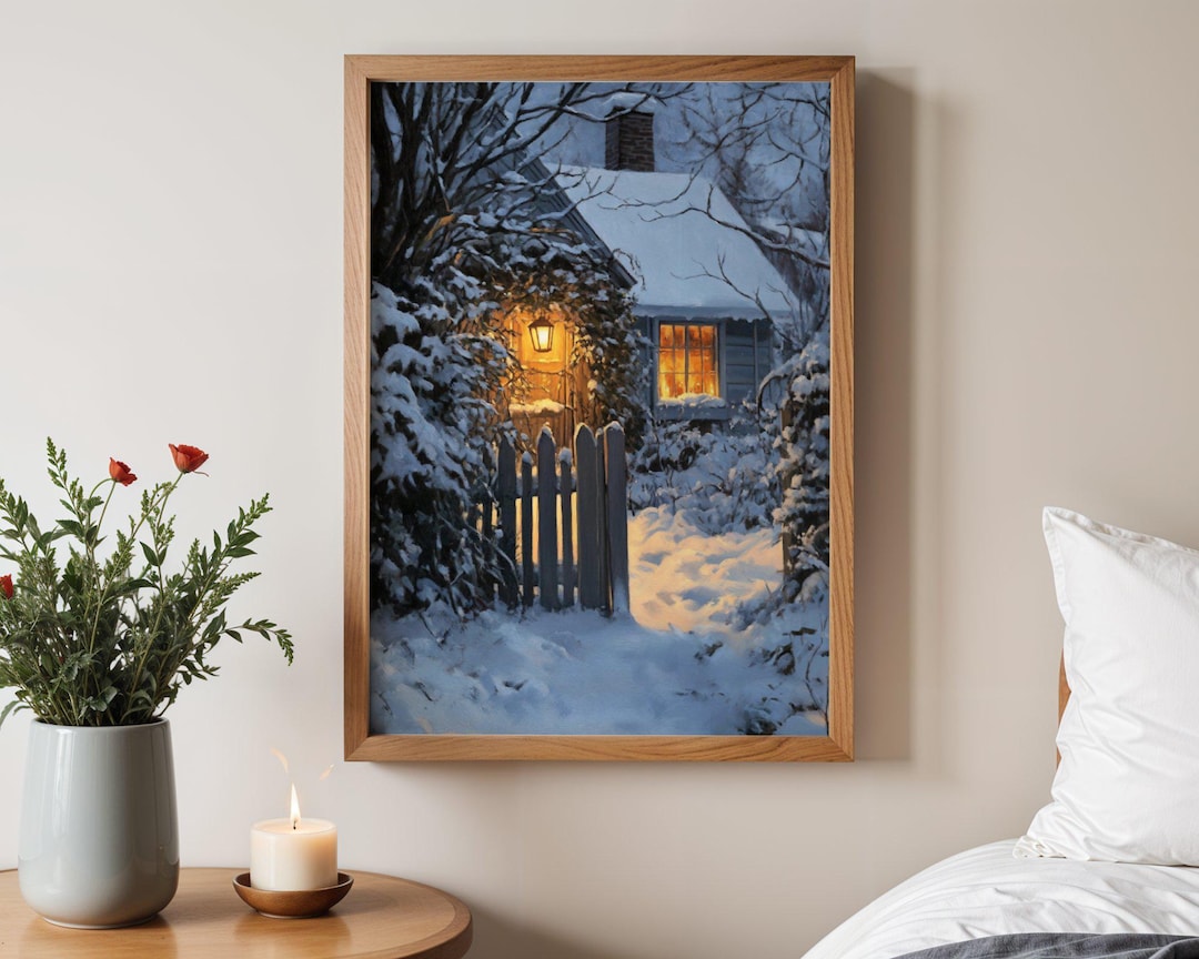 Cozy Winter Cottage Wall Art, Snowy Night House Painting, Rustic Home ...