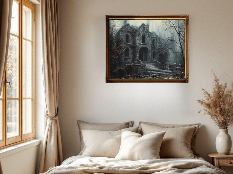 Haunted Mansion Gothic Wall Art, Spooky Forest House Print, Halloween ...