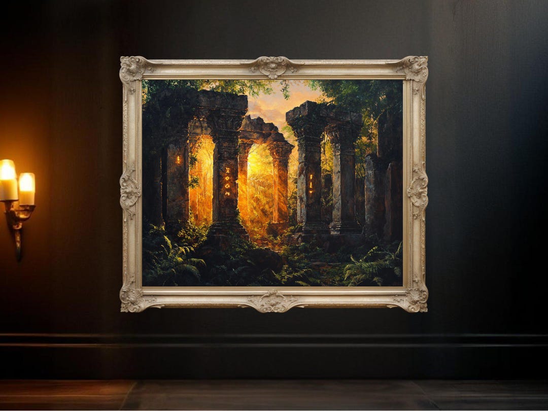 Ancient Ruins Wall Art, Sunset Forest Decor, Mystical Temple Painting ...