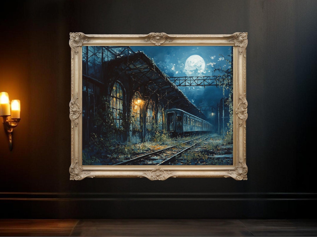 Vintage Abandoned Station Wall Art, Nighttime Train Poster, Full Moon ...