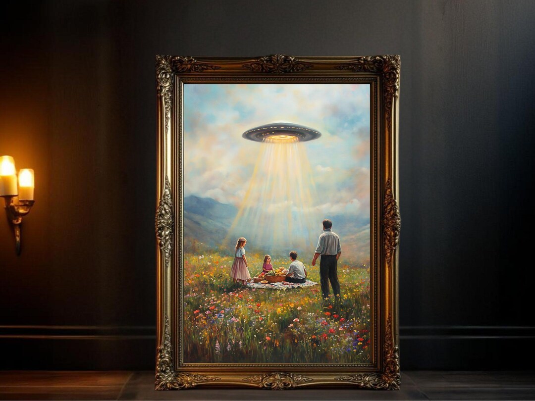 UFO Alien Abduction Family Picnic Art Print, Surreal Fantasy Wall Art ...