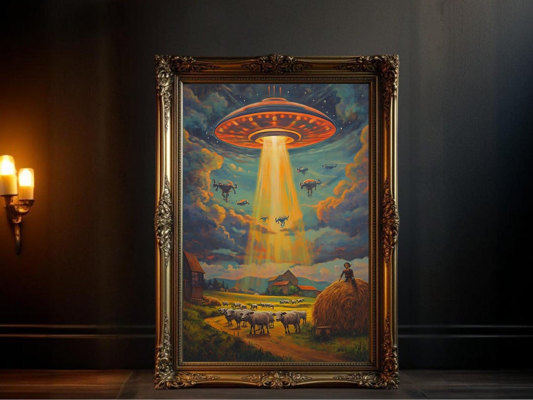 UFO Alien Abduction Wall Art, Unique Cattle Farm Scene Poster, Surreal ...