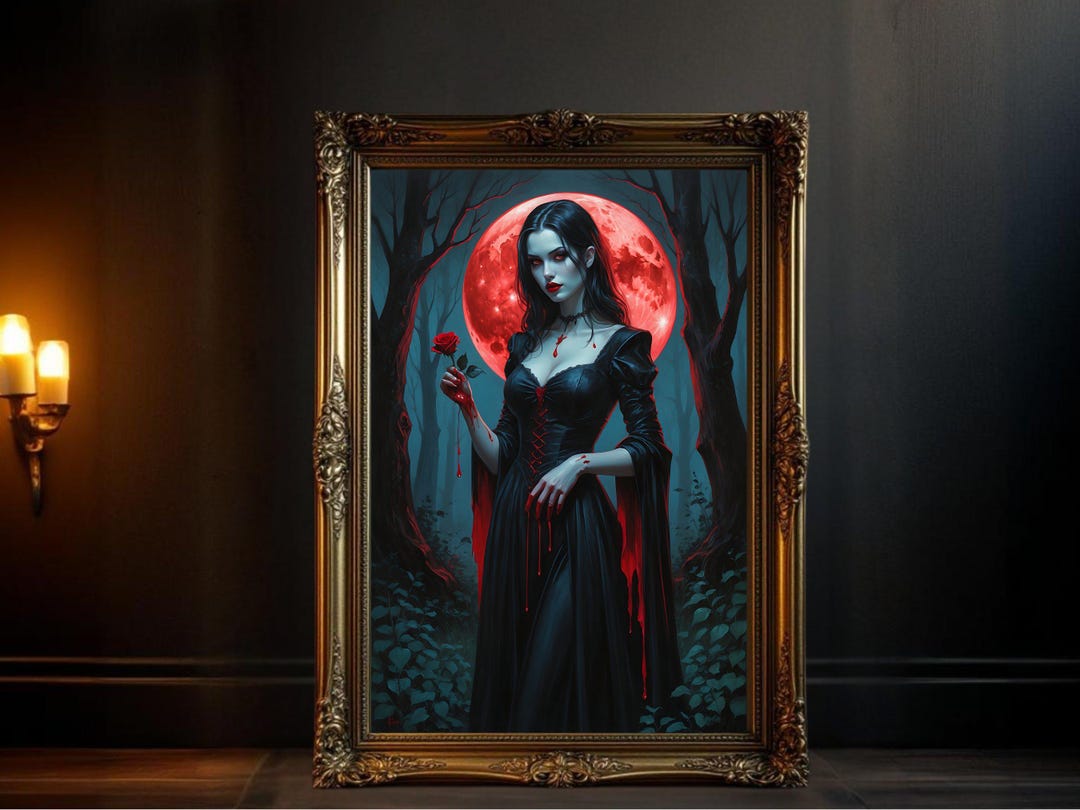 Gothic Vampire Wall Art, Red Moon Gothic Decor, Vampire With Rose ...