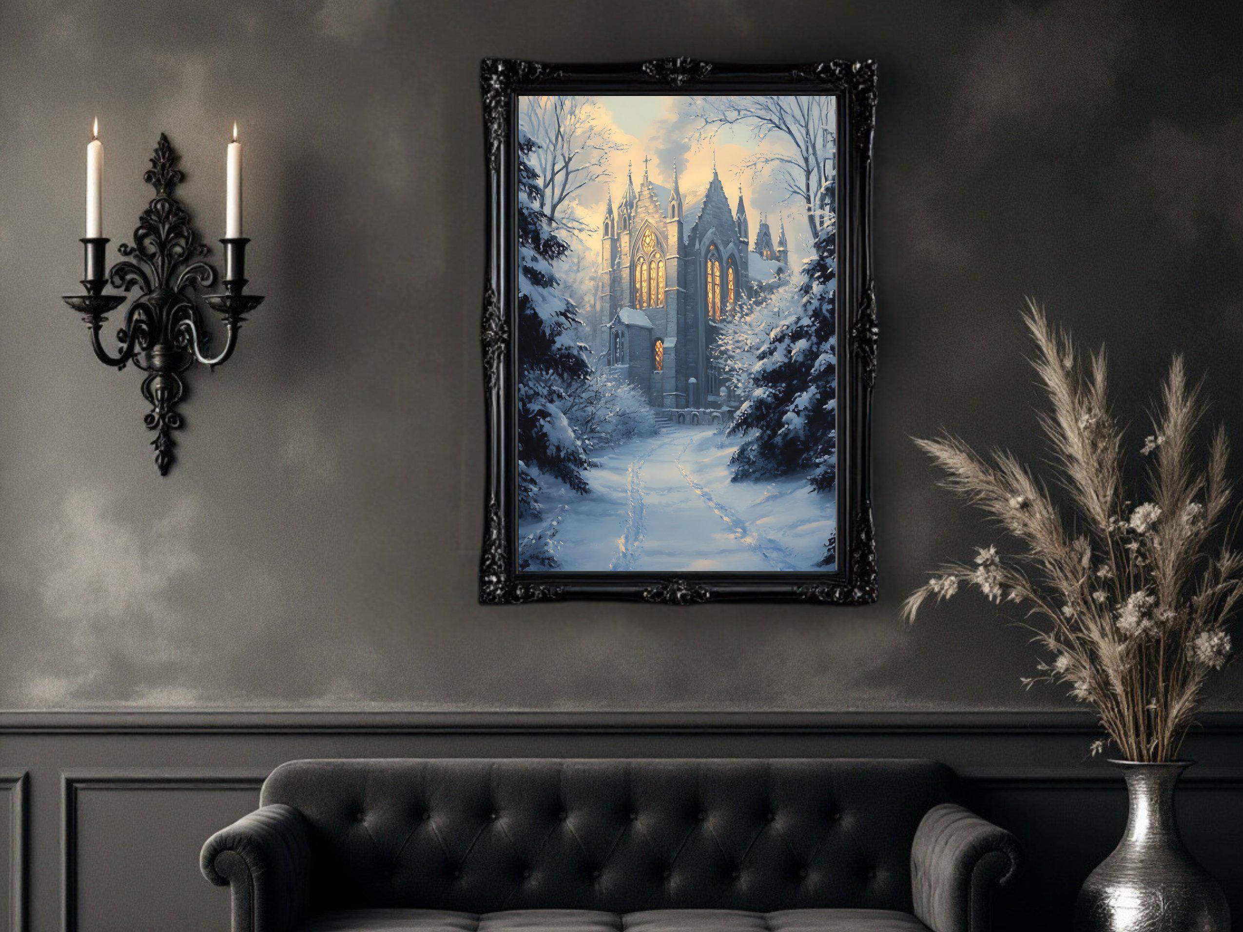 Gothic Winter Church Scene Wall Art, Snowy Church Landscape Print ...