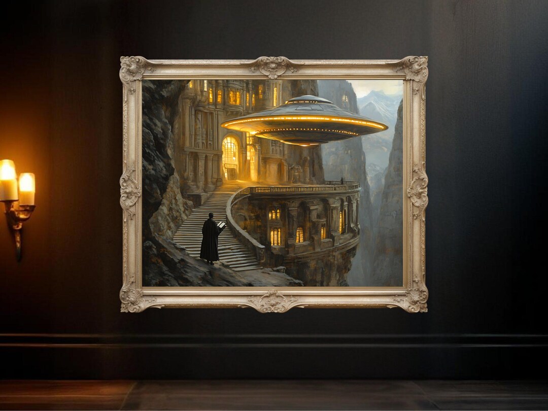 Futuristic Castle Wall Art Print, Spaceship in Mountain City, Fantasy ...