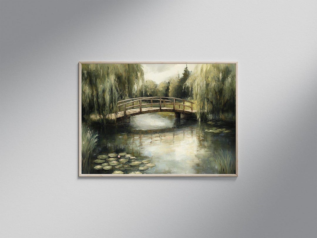Tranquil Willow Tree Bridge Landscape Wall Art, Serene Nature Canvas ...