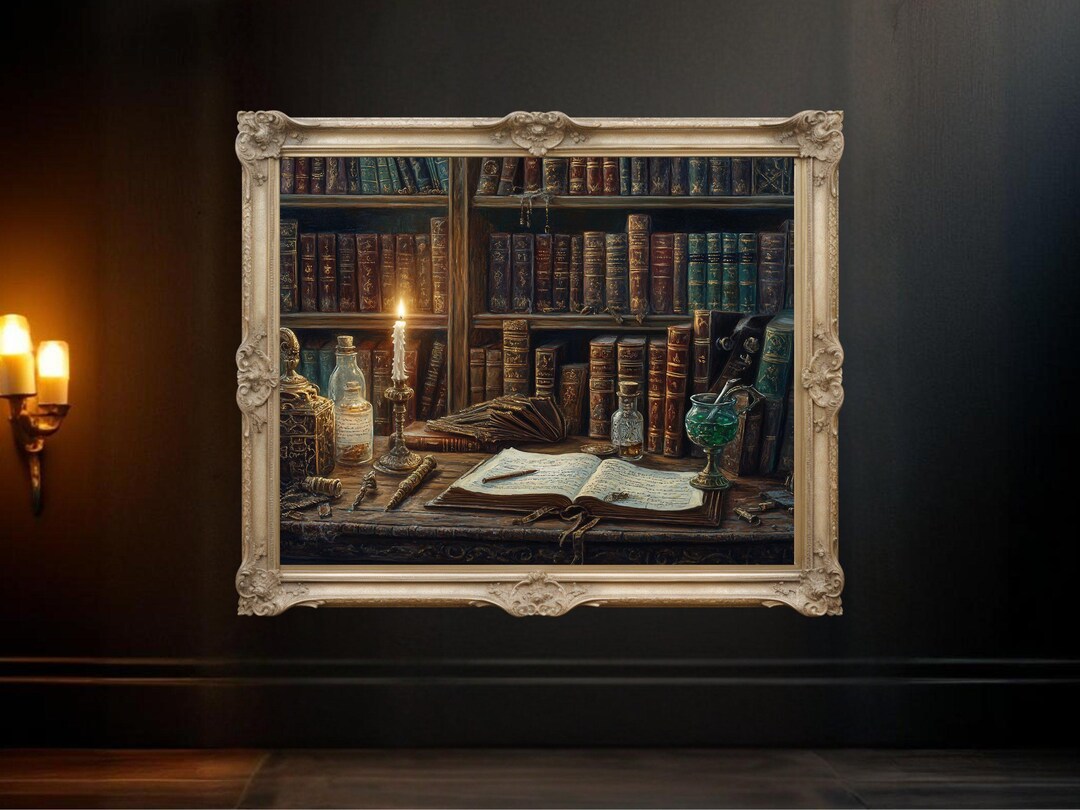 Vintage Library Wall Art, Old Bookshelves With Candle Lit Scene, Cozy ...