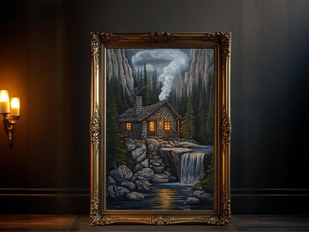 Rustic Cabin Wall Art, Waterfall Painting, Cozy Cabin Decor, Nature ...