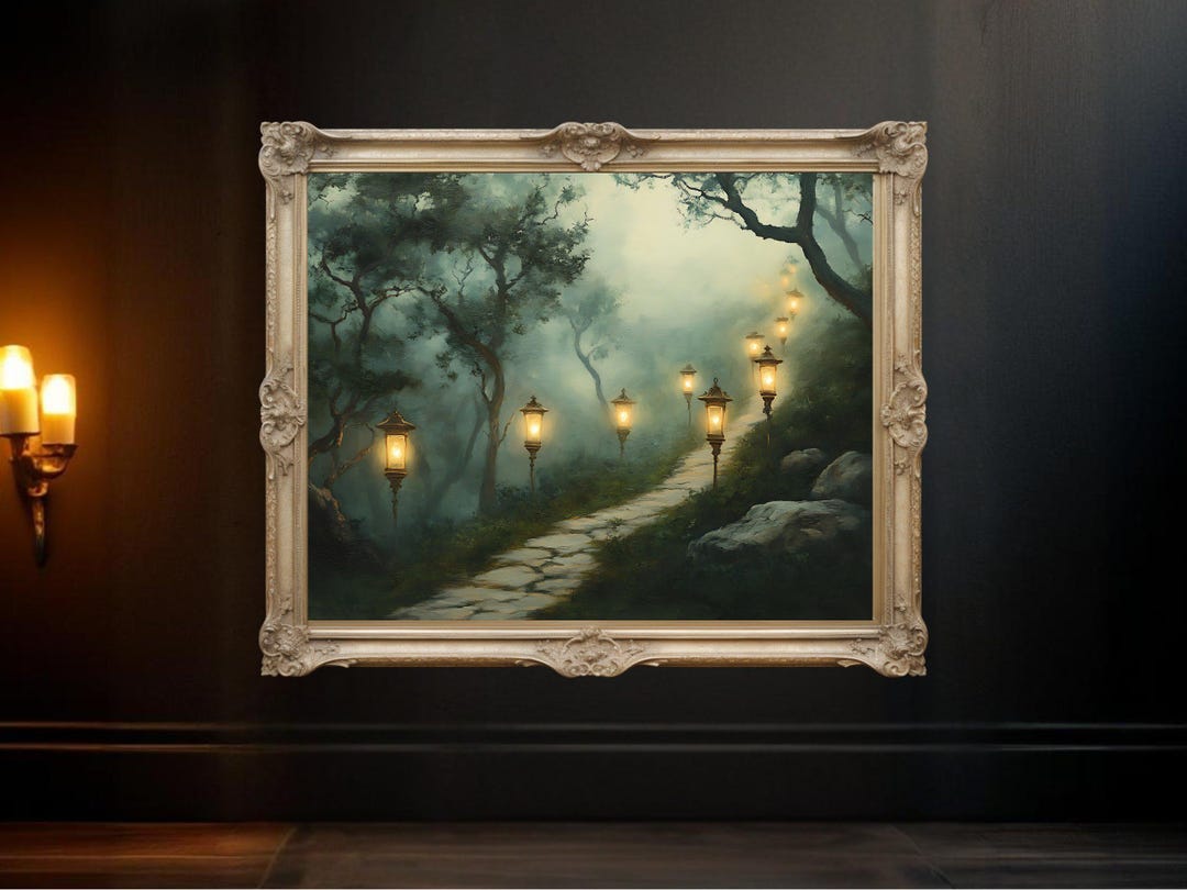 Enchanted Forest Path Wall Art, Dreamy Lanterns Print, Mystical Landscape Canvas, Serene Nature ...