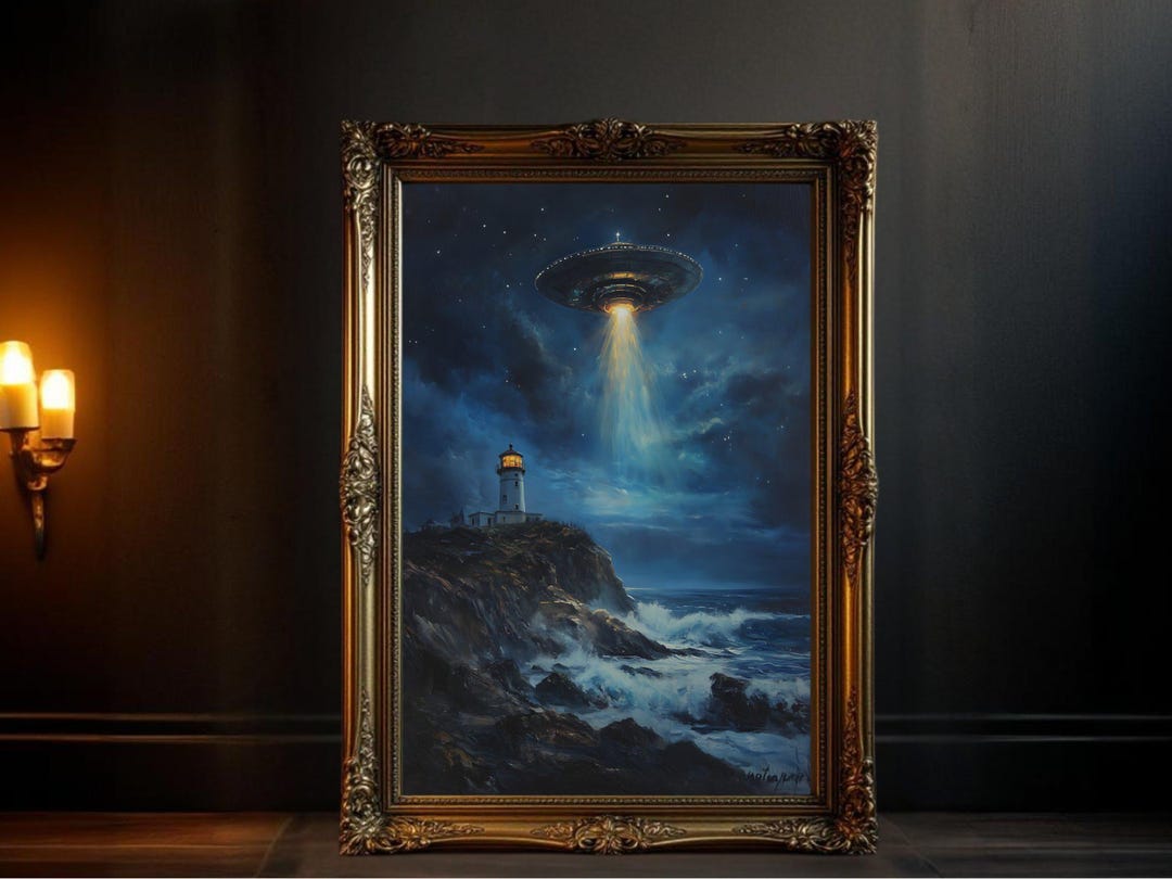 Lighthouse UFO Encounter Wall Art, Alien Abduction Scene Print, Sci-fi ...