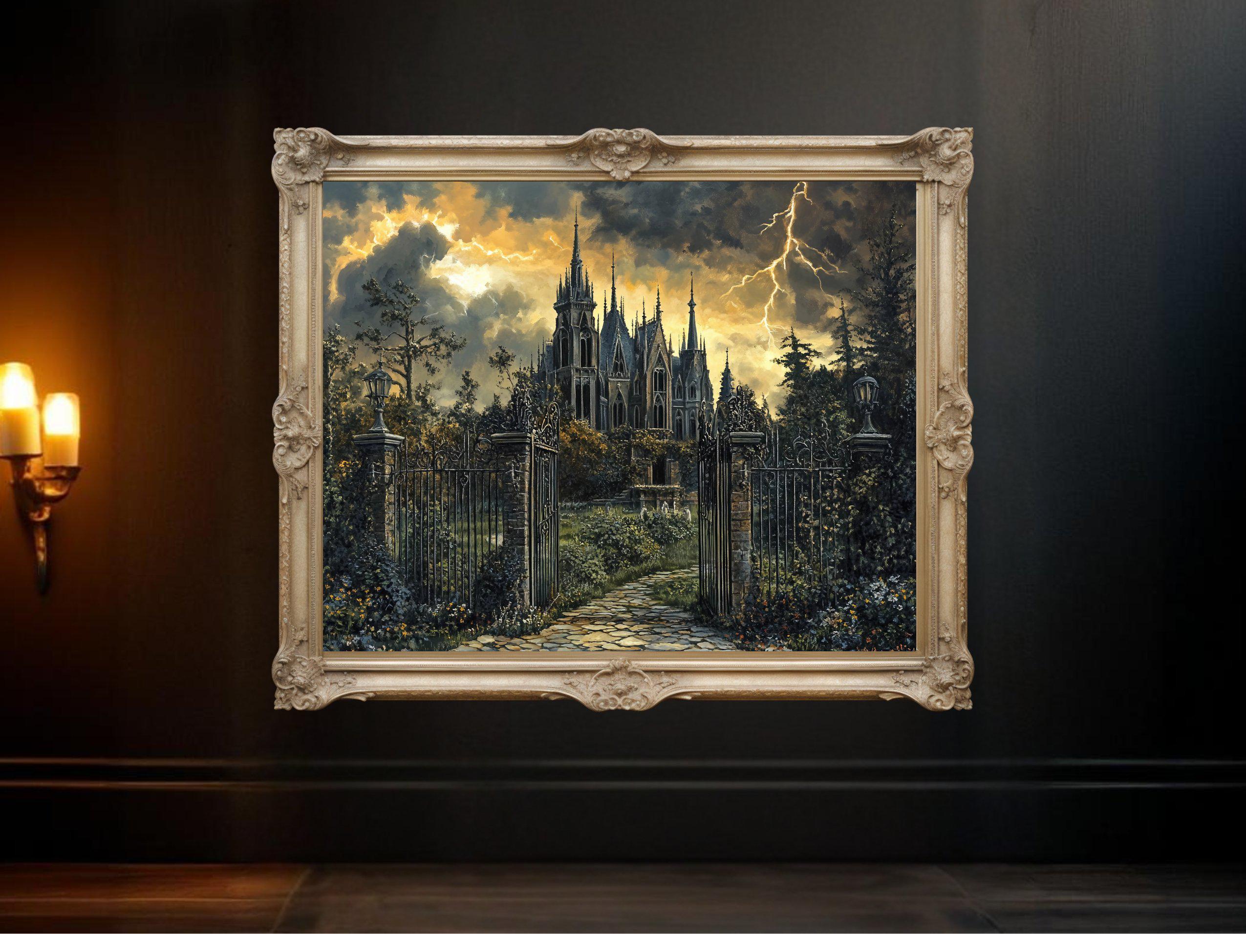 Gothic Castle Wall Art Print, Haunted Mansion Canvas, Spooky Halloween ...