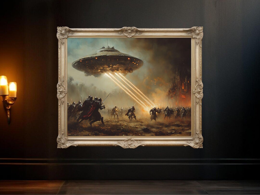 Sci Fi Alien Battle Art, Medieval Warriors Vs UFO Canvas, Epic ...