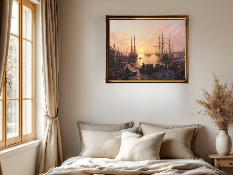 Vintage Port Harbor Ship Scene, Nautical Wall Art, Sunrise Harbor ...