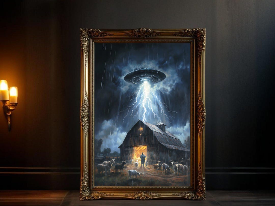 UFO Alien Spaceship Wall Art, Stormy Night Barn Print, Farmer With ...