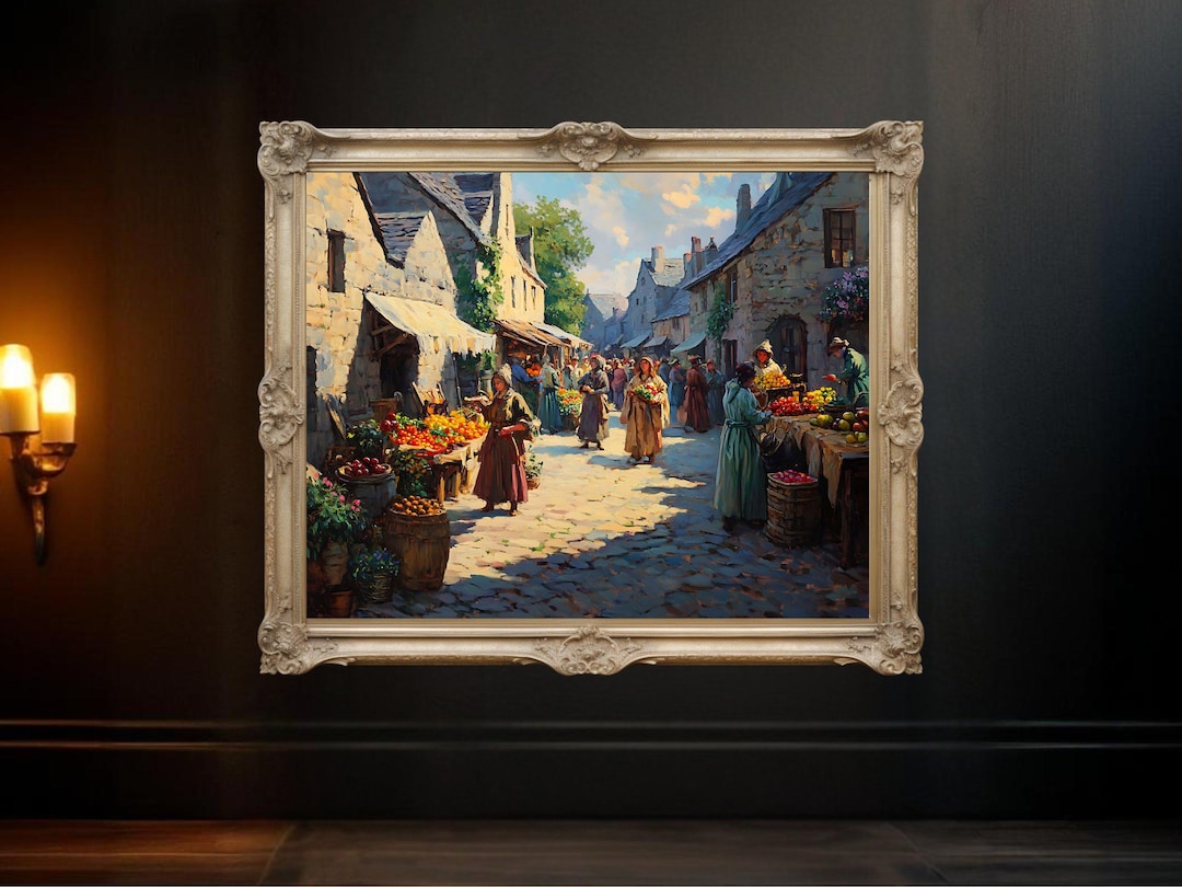 Beautiful Village Market Street Scene Wall Art Print, Vintage Farmers ...