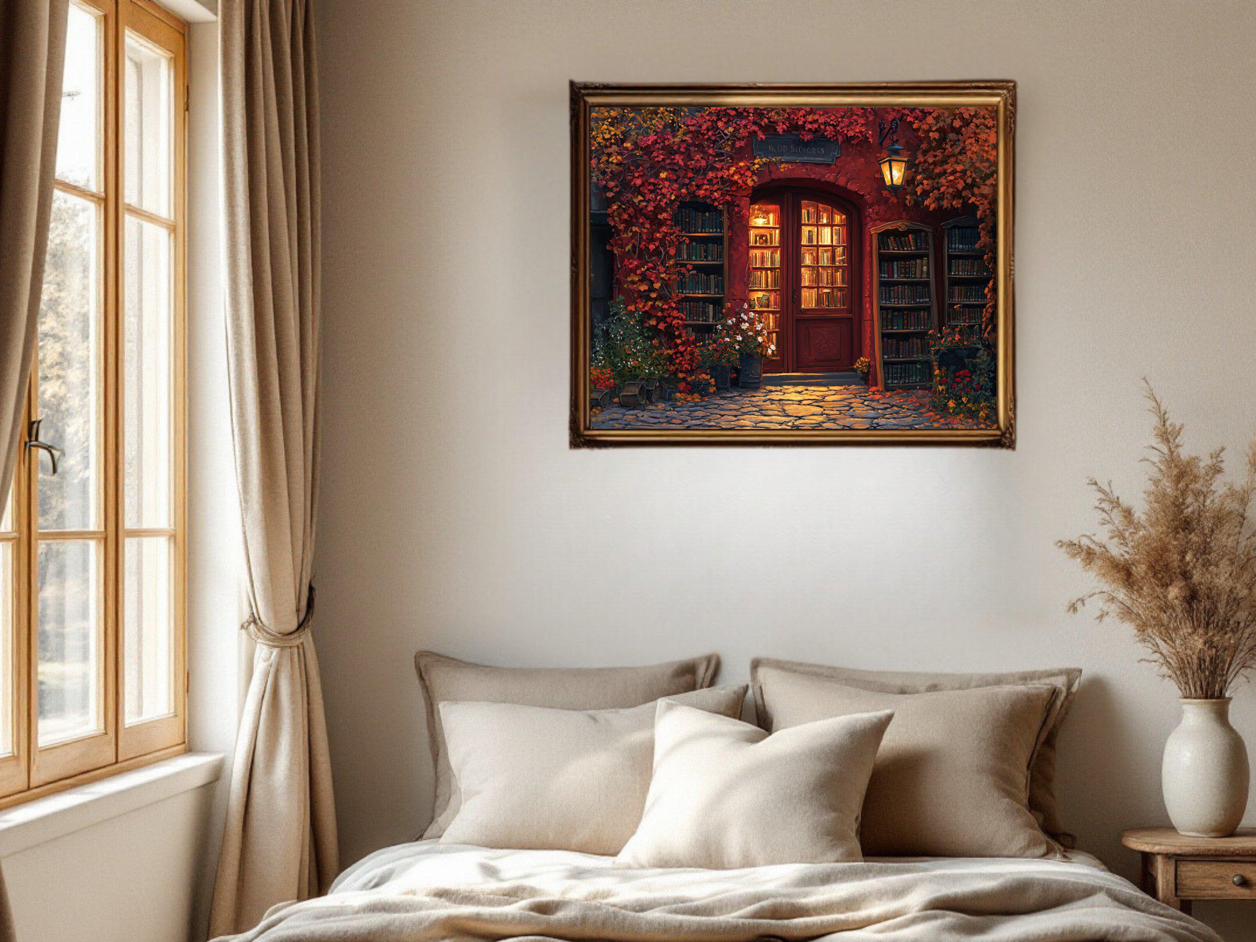 Cozy Bookstore Entrance Wall Art Print, Autumn Vine Covered Doorway ...