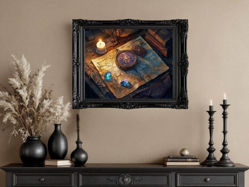 Vintage Map and Compass Wall Art, Candlelit Antique Study Decor ...