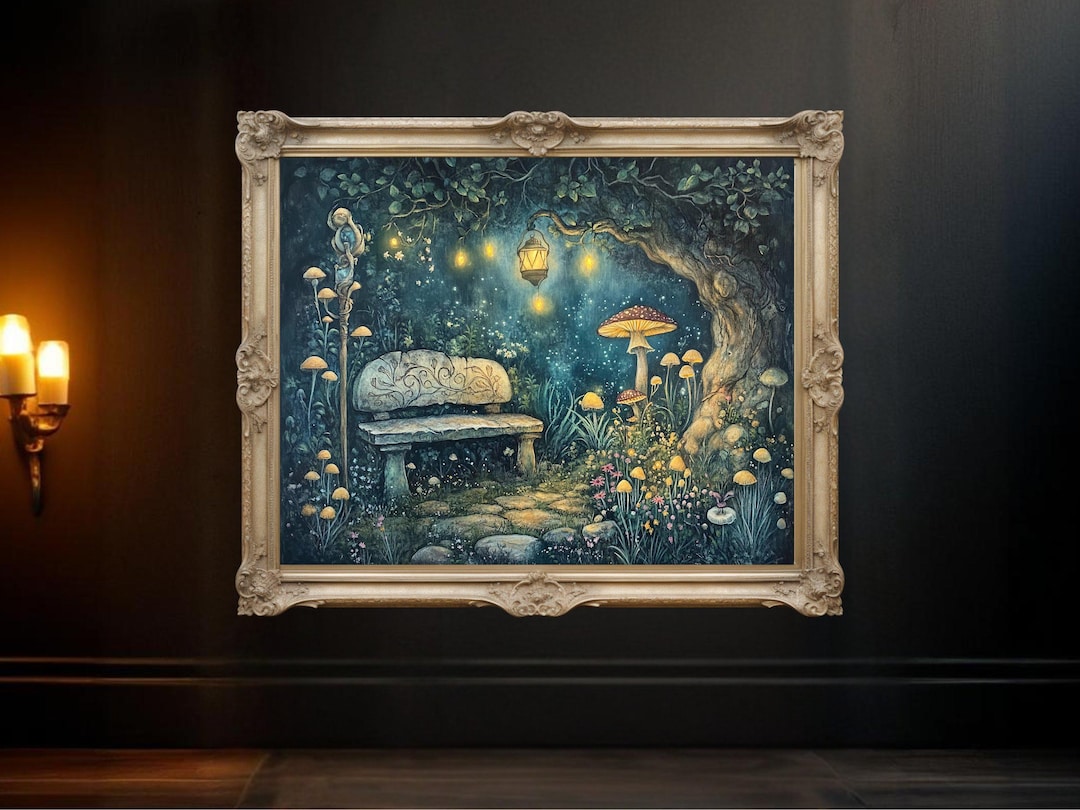 Enchanted Forest Magic Bench Wall Art, Mystical Garden Scene Art Print ...