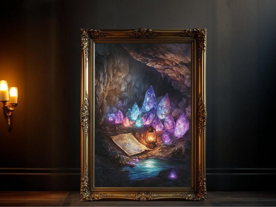 Crystal Cave Wall Art, Mystical Lantern Artwork, Gemstone Cave Print ...