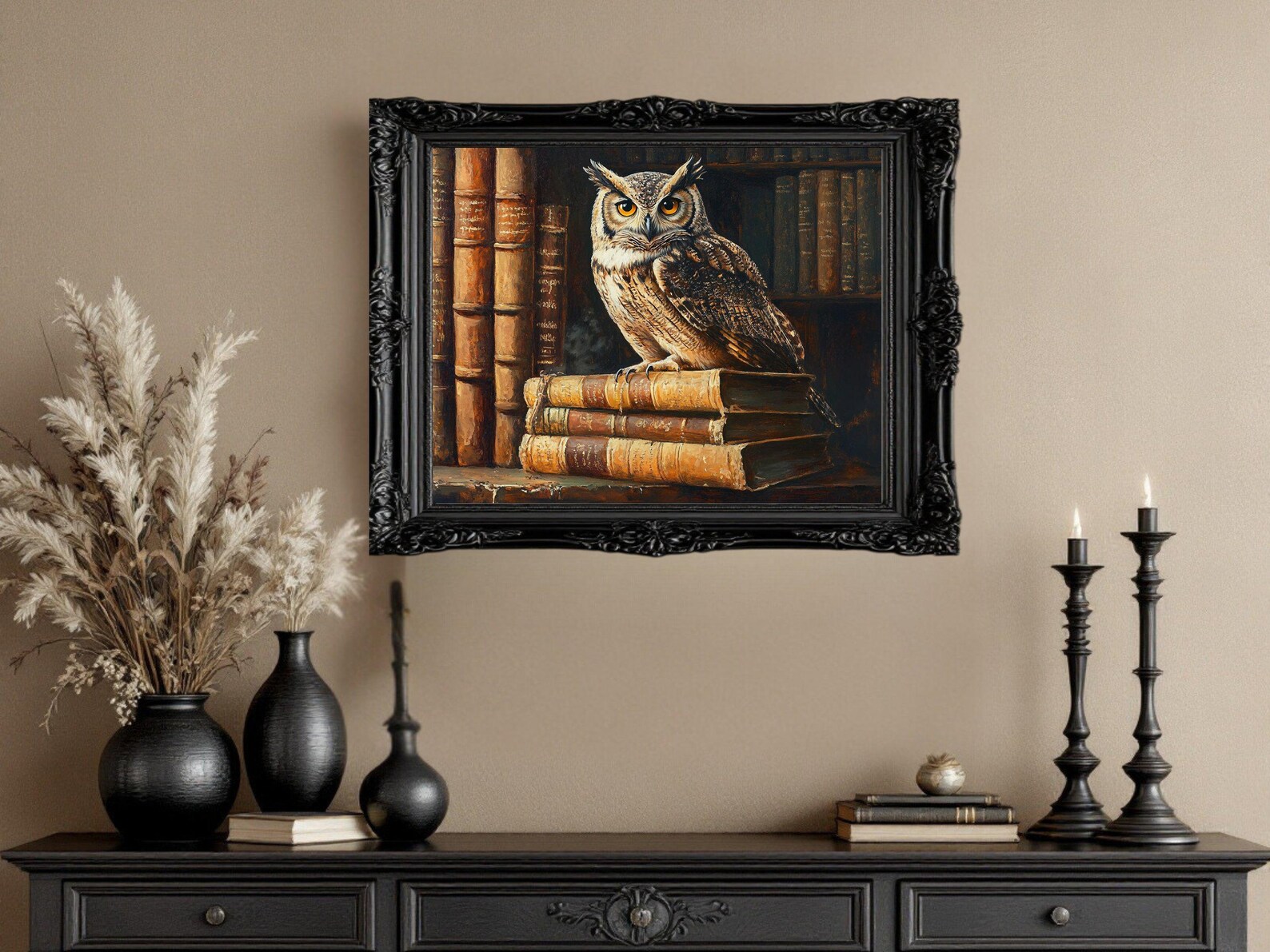 Majestic Owl Wall Art Print, Vintage Library Decor, Great Horned Owl ...