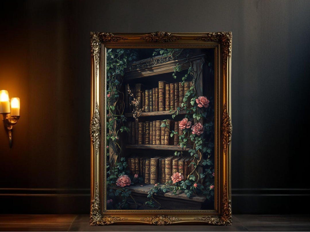 Vintage Bookshelf Wall Art, Dark Academia Art Printable, Antique ...