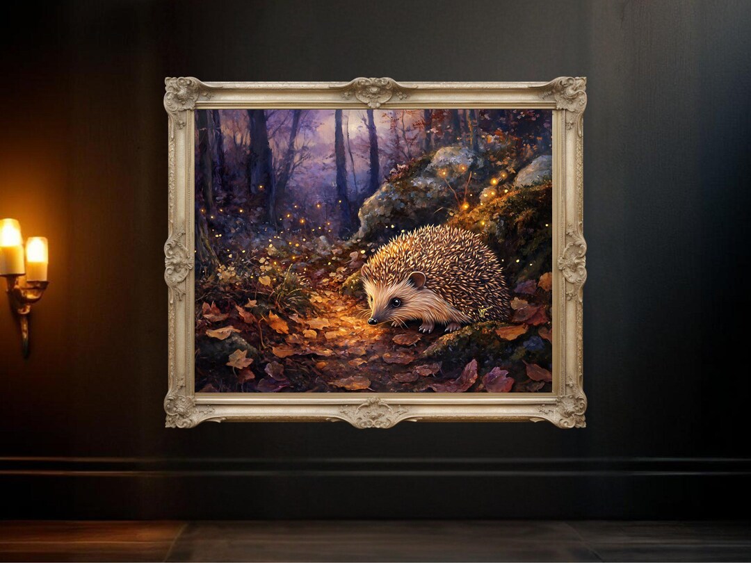 Cute Hedgehog Forest Wall Art, Mystical Woodland Night Decor, Enchanted ...