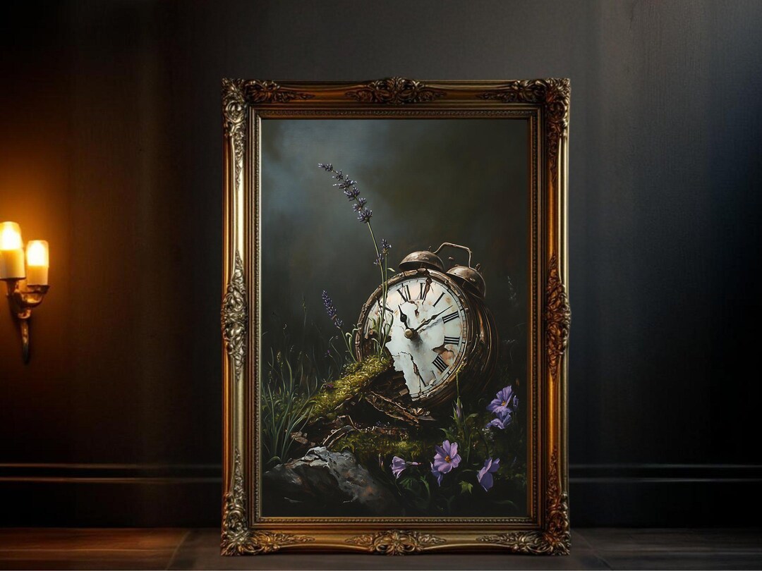Vintage Oil Painting, Antique Clock Wall Art, Rustic Floral Decor ...