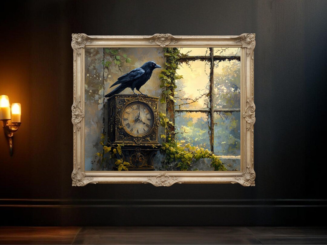 Vintage Crow Wall Art, Antique Clock Rustic Decor, Gothic Raven ...