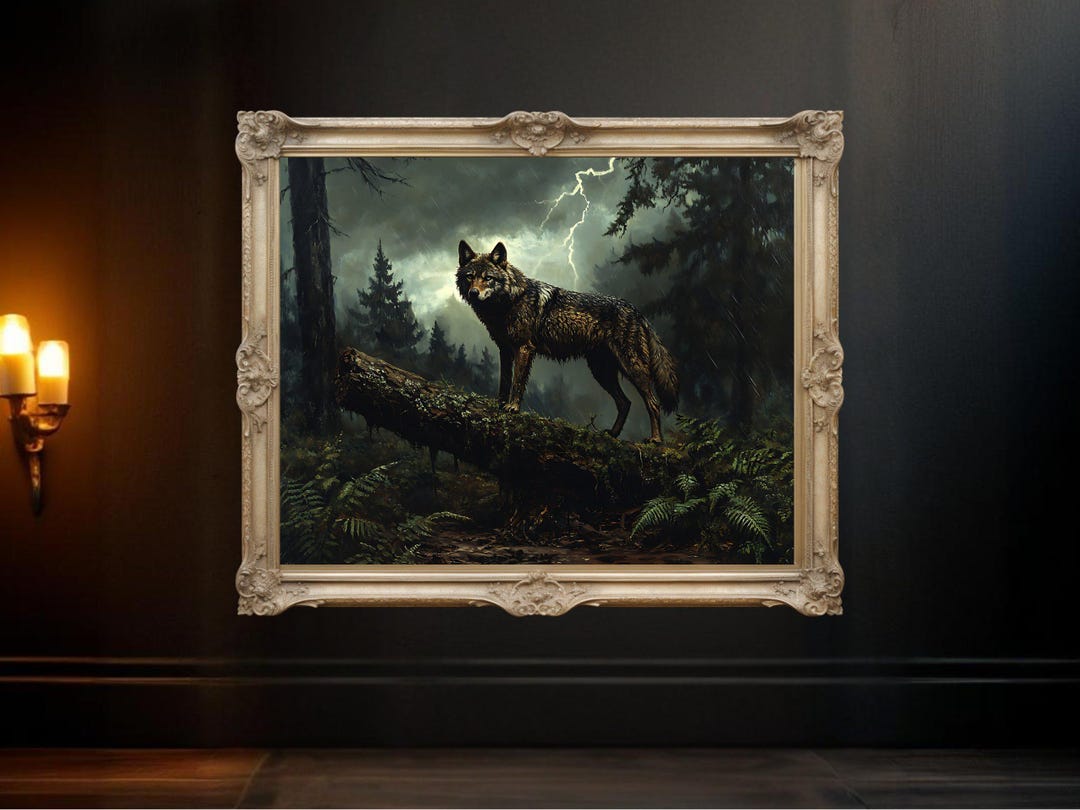 Majestic Wolf in Rainstorm Forest Wall Art, Nature Wildlife Print, Dark ...