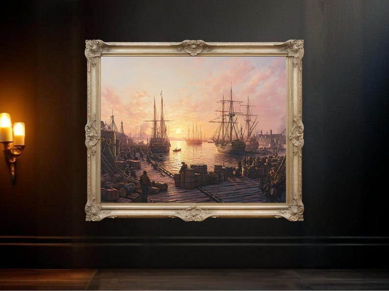 Vintage Port Harbor Ship Scene, Nautical Wall Art, Sunrise Harbor ...
