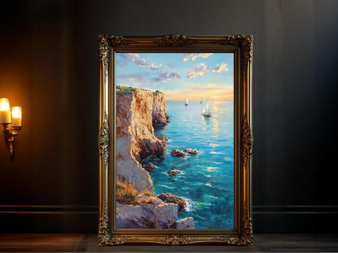 Coastal Cliff Sunset Wall Art, Sailboats Seascape Painting, Ocean View ...