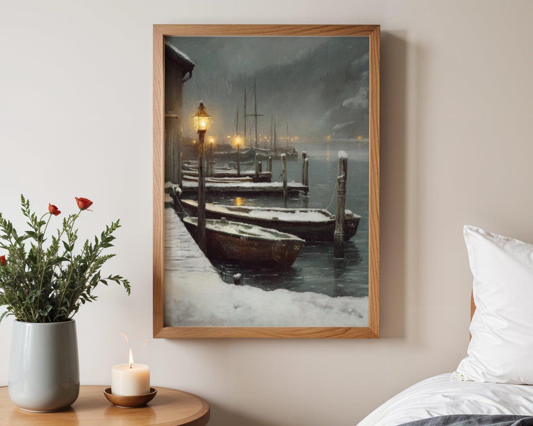 Winter Harbor Scene Wall Art, Snowy Dock Canvas Print, Nautical Night ...