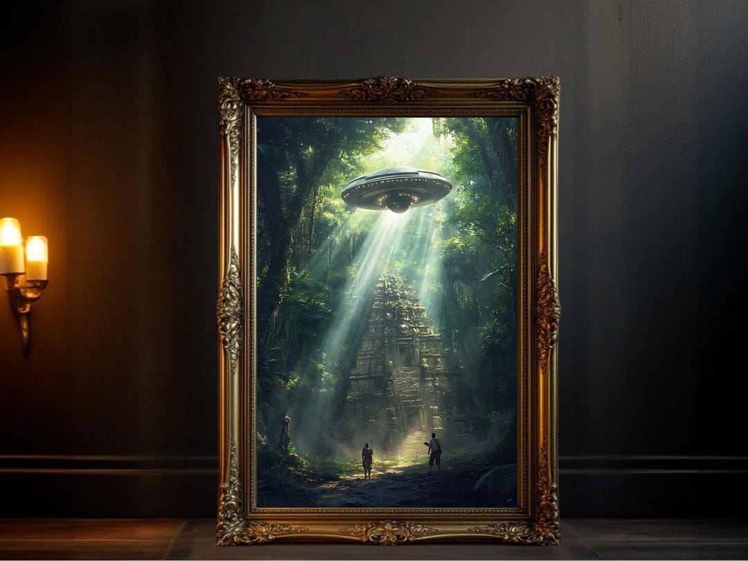 Ancient Jungle Temple Wall Art, UFO Spaceship Above Ruins, Mystical ...
