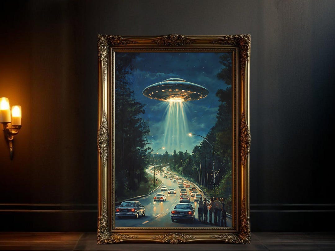 UFO Spaceship Wall Art, Mysterious Night Scene Print, Alien Encounter ...