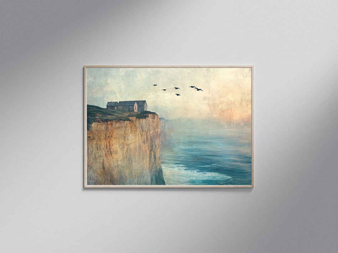 Coastal Cliff House Print, Seaside Cottage Wall Art, Ocean View Art ...