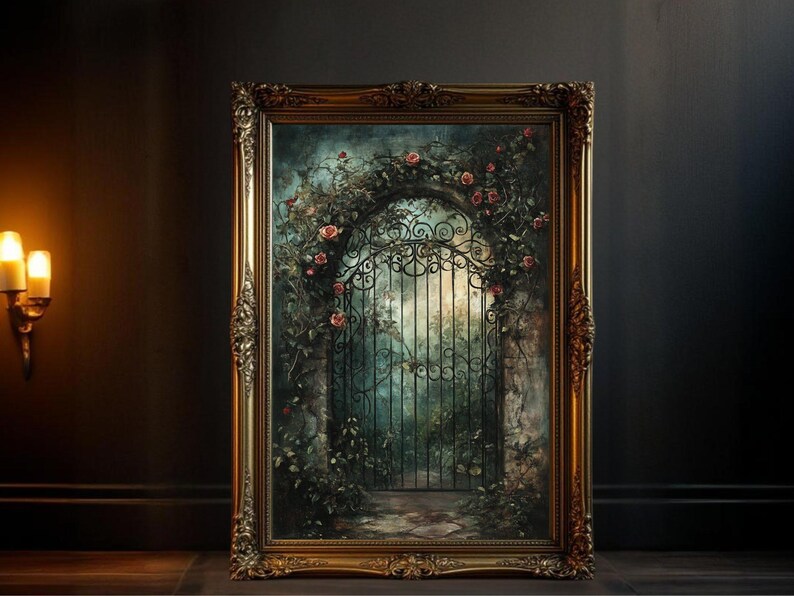 Enchanting Garden Gate Wall Art, Gothic Floral Arched Gate Print ...