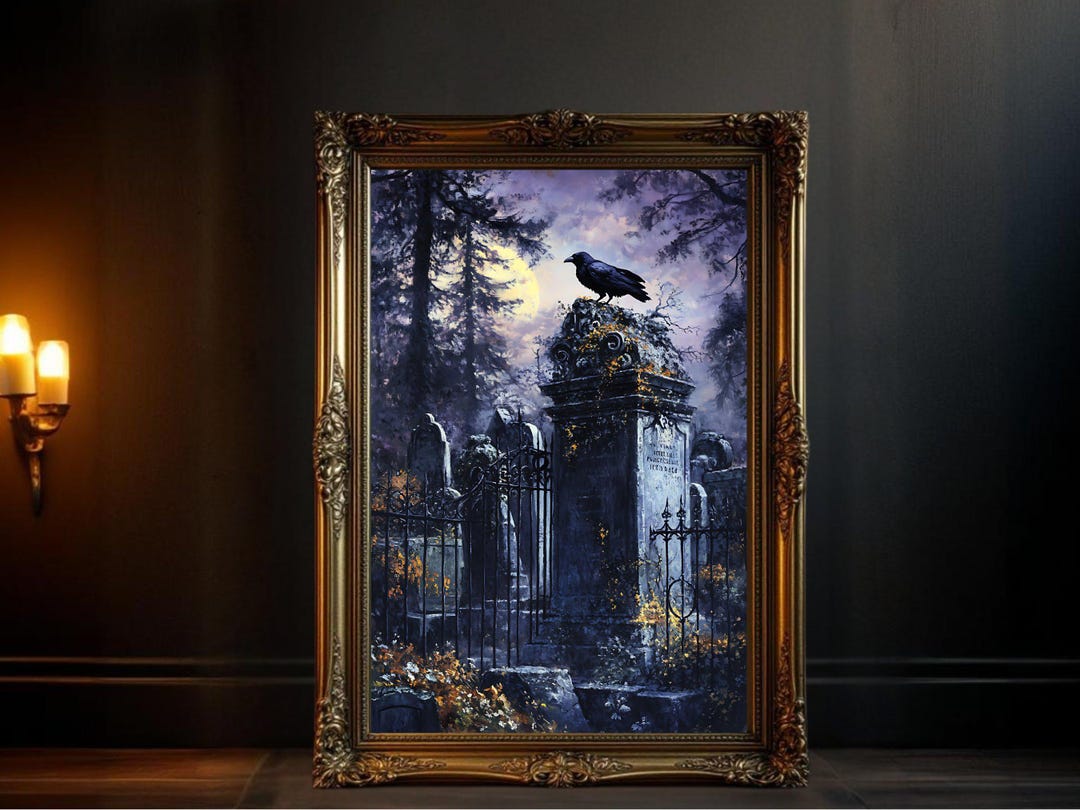 Gothic Raven Wall Art, Haunted Cemetery Decor, Gothic Crow Painting ...